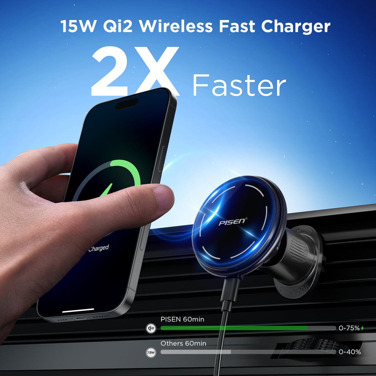 PISEN Qi2 Magnetic Car Phone Holder | 15W Fast Charging